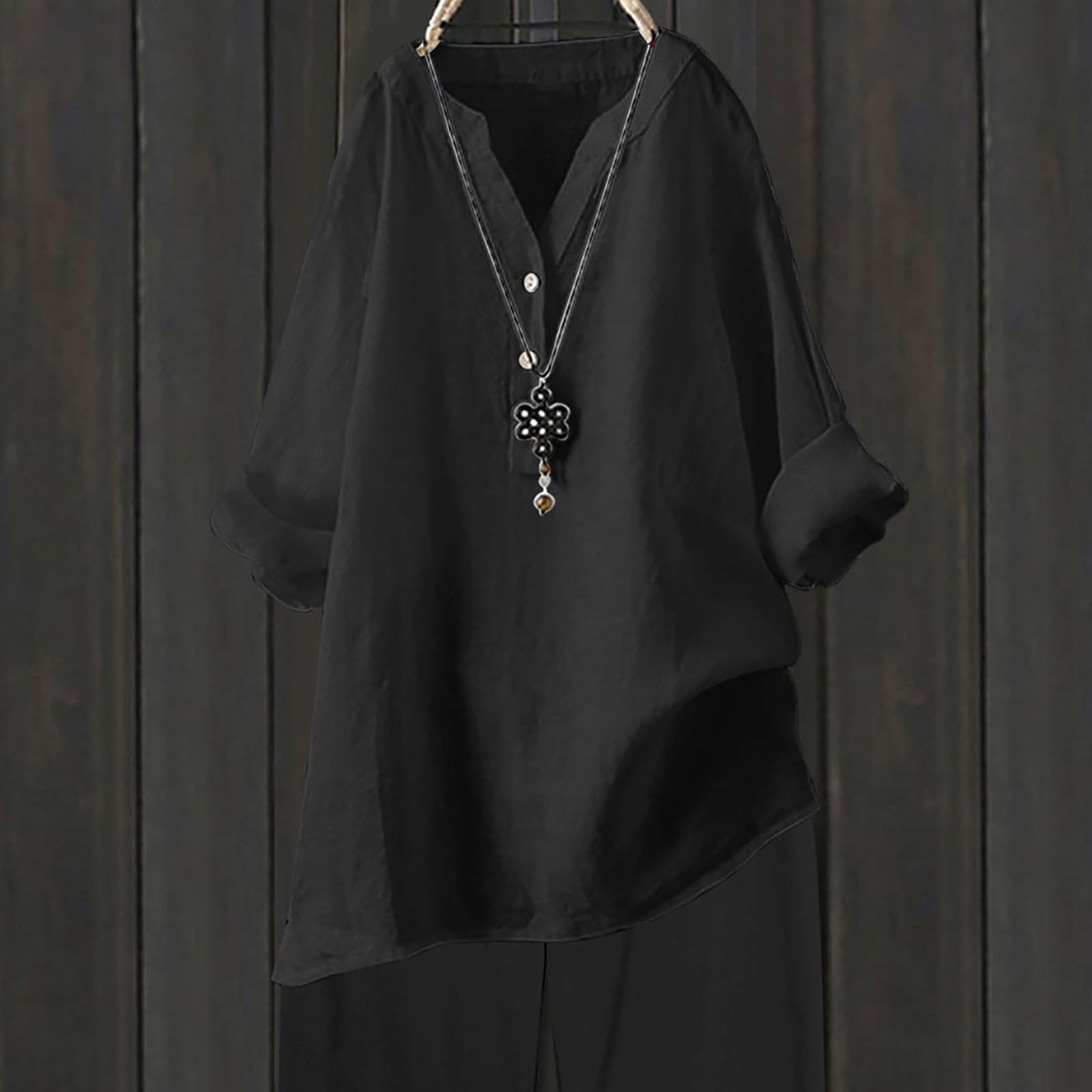 Black Young Adult Tops Womens Casual Spring Summer Solid V Neck Long ...