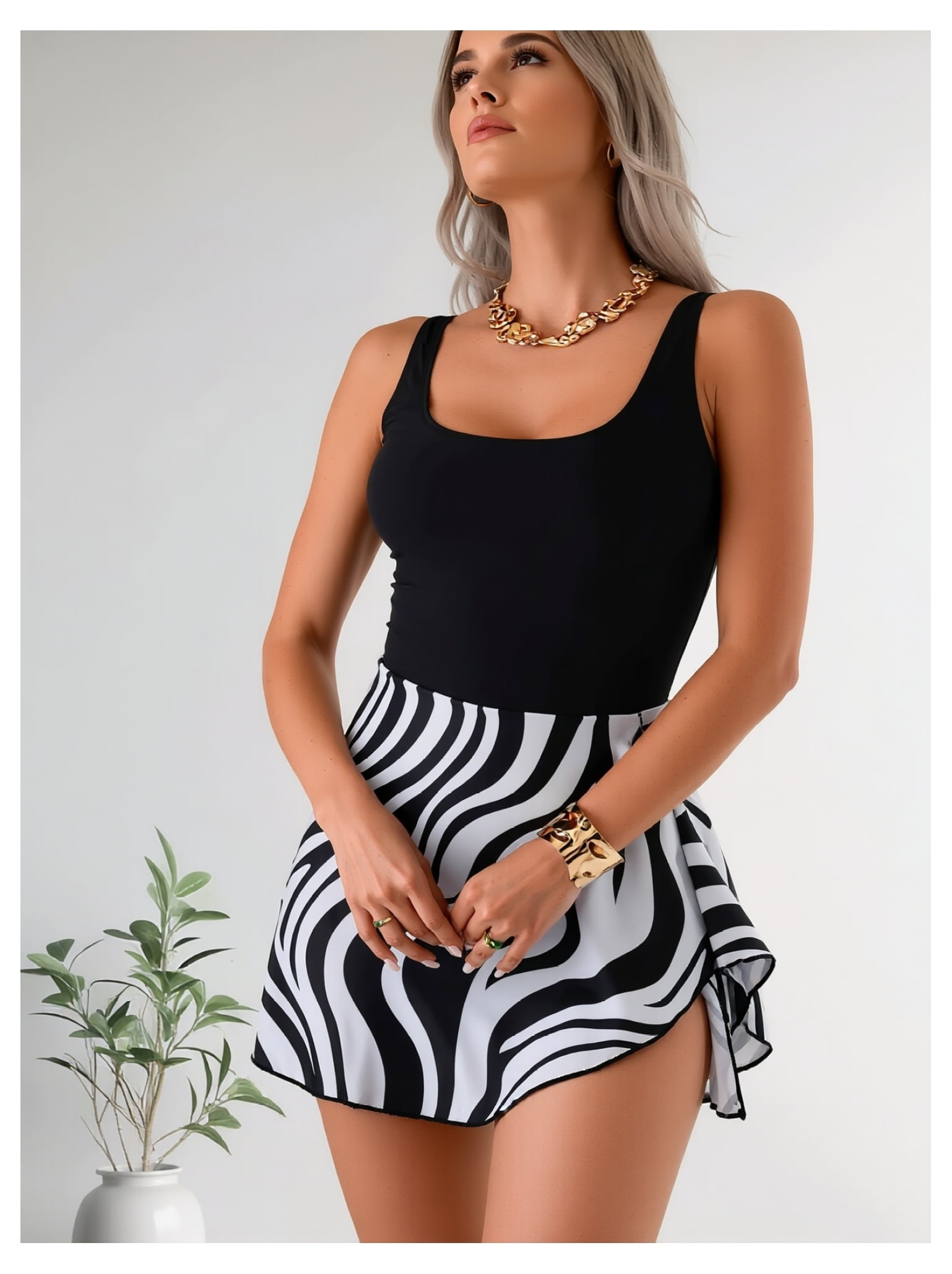 Black & Zebra Print One Piece Swimsuit - Women's Asymmetrical Skirt ...