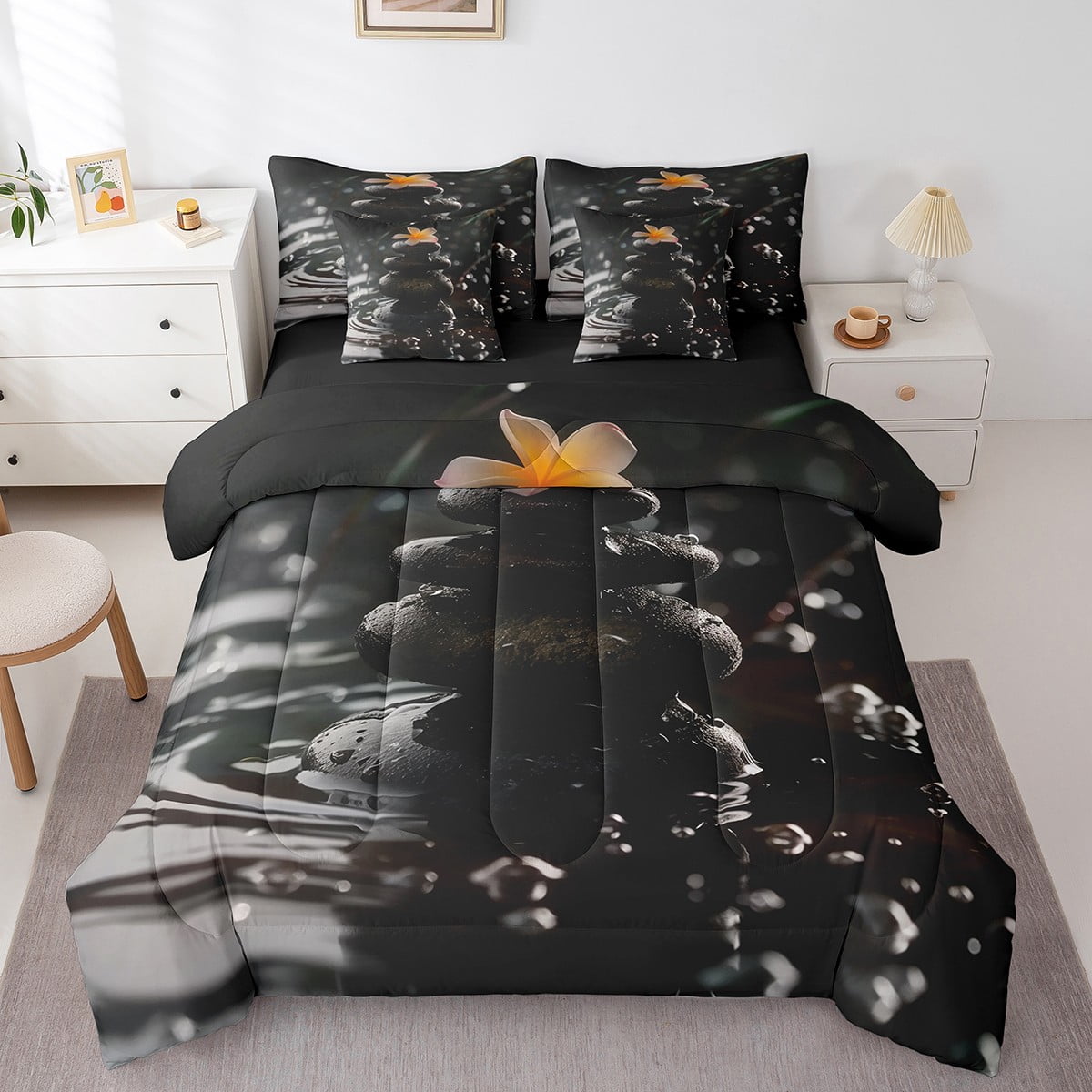 Black Zen Stone Comforter,Lake Decor Queen Bedding Set 7 Pieces Zen Bed In A Bag Teens ...