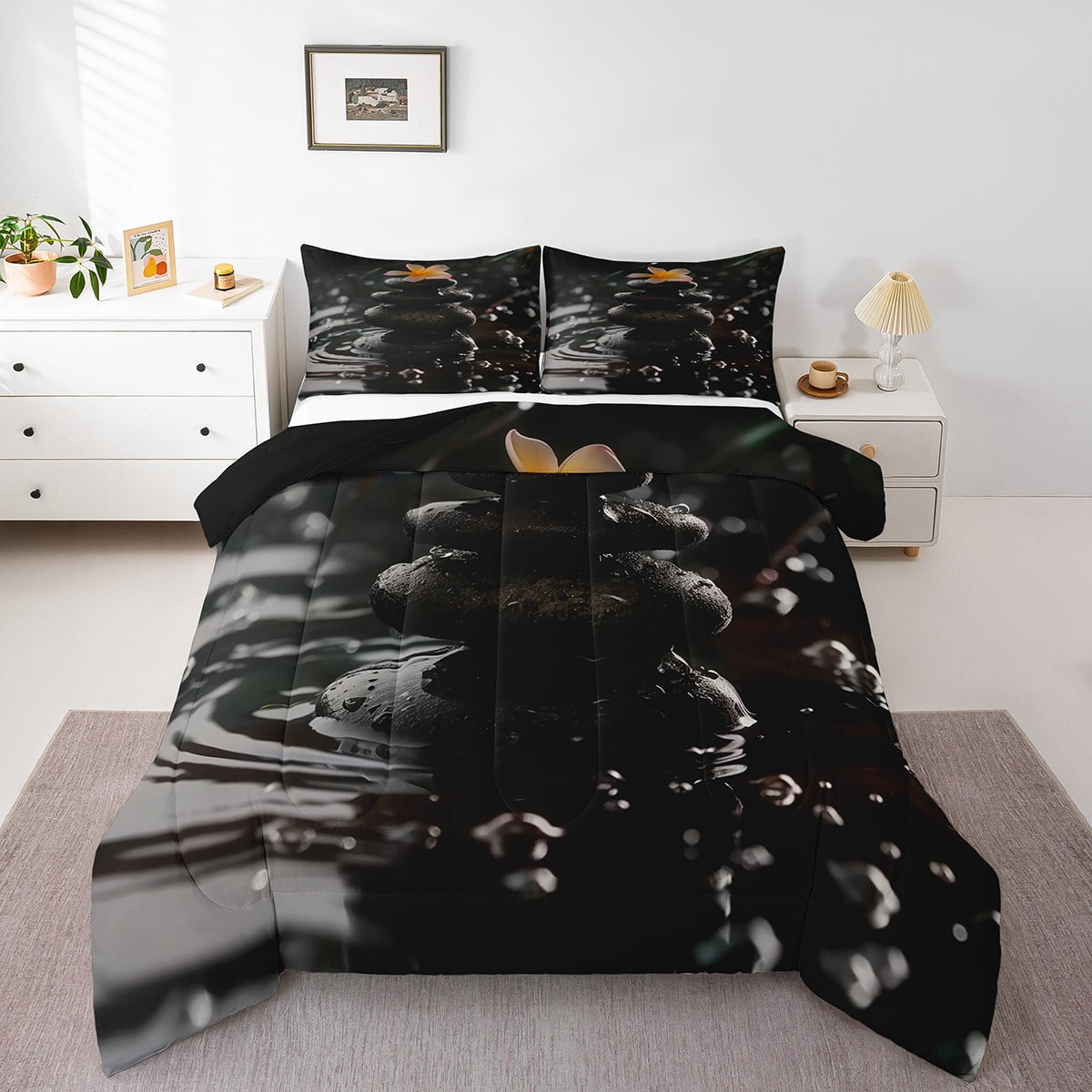 Black Zen Stone Comforter Set,Lake Decor King Bedding Set Zen Down Comforter Teens,Minimalism ...