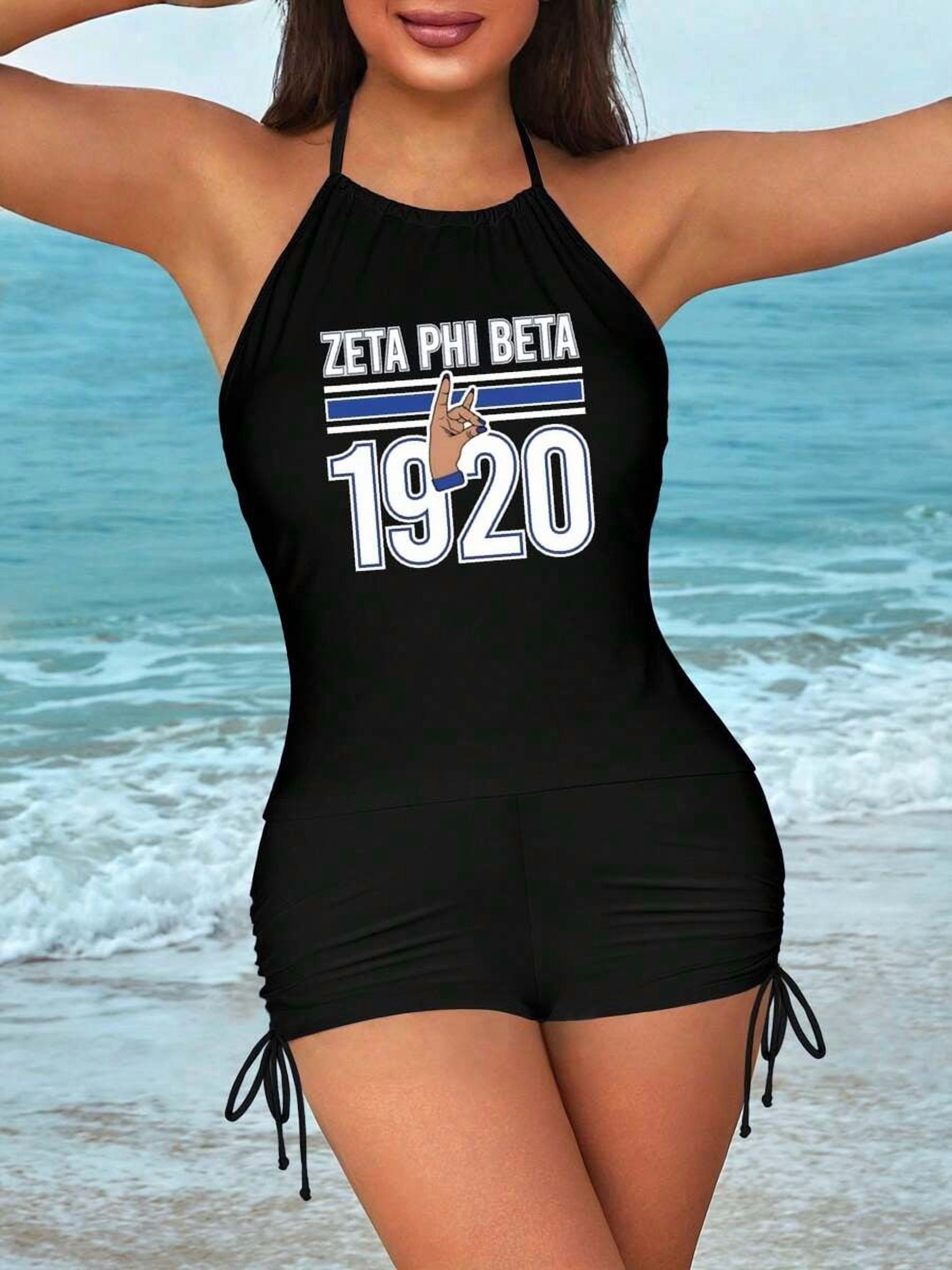Black Zeta Phi Beta 1920 Graphic Halter Tankini Set With Drawstring ...
