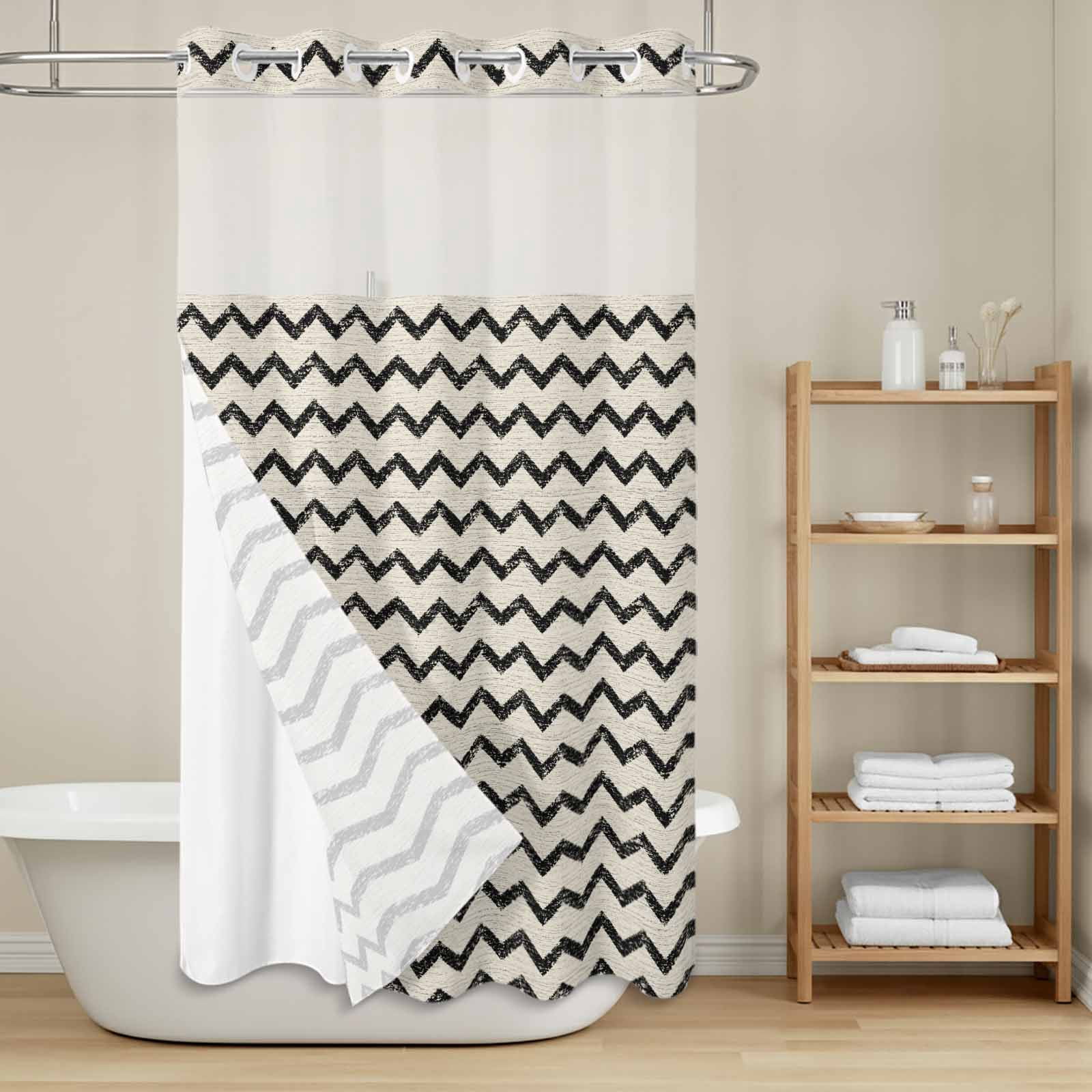 Black Zigzag Line No Hook Shower Curtain with Snap in Liner, Chevron ...