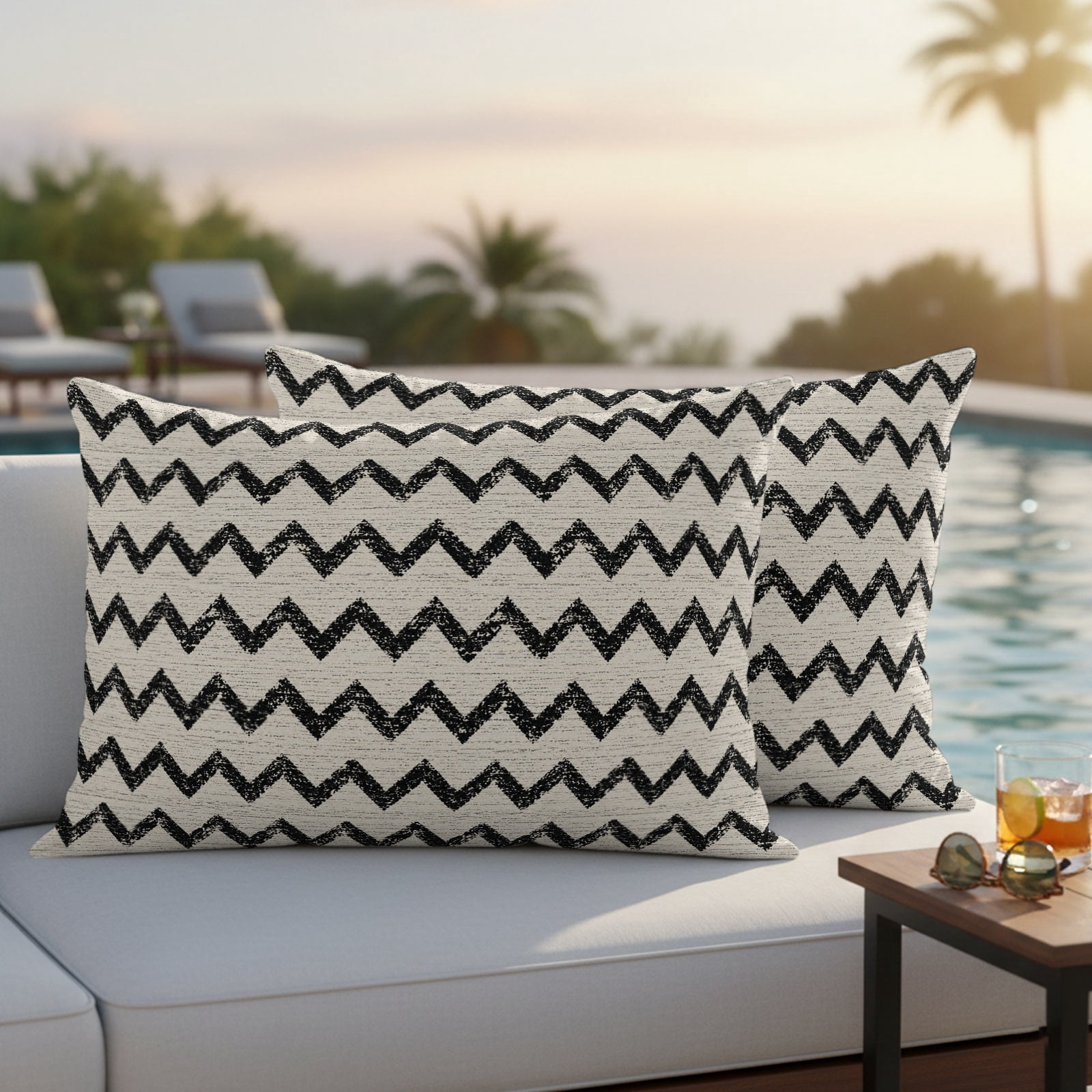 Black Zigzag Line Outdoor Waterproof Throw Pillow Covers Set of 2, 20 ...