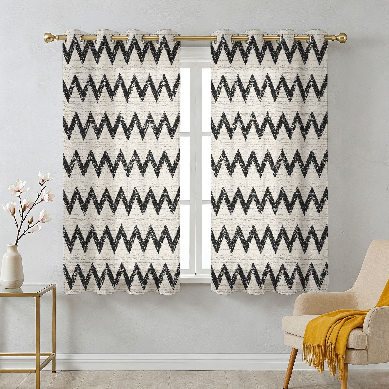 Black Zigzag Line Sheer Curtains 39 Inch Long 2 Panels, Chevron Stripe ...