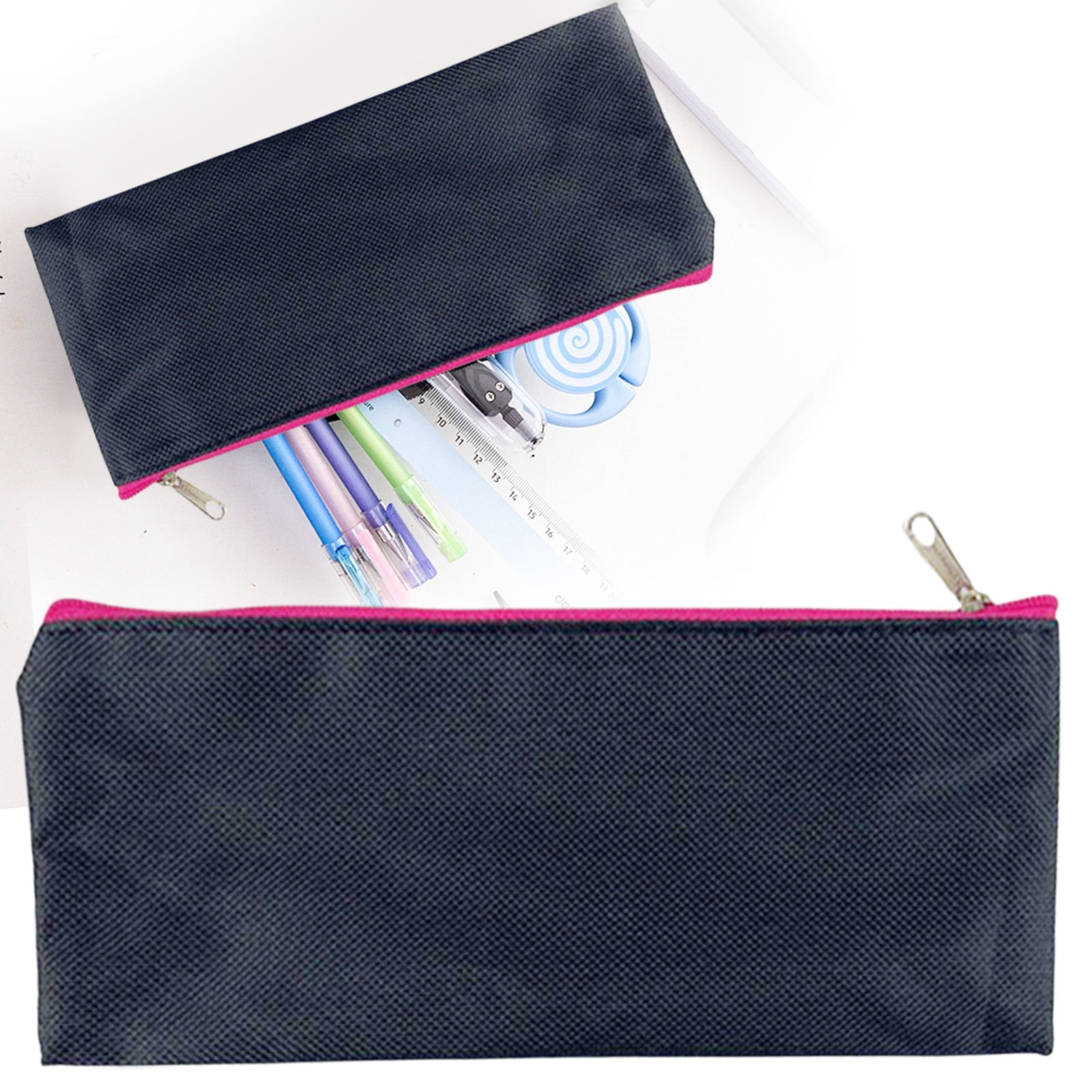 Black Zipper Utility Pouch, PU Leather Cash Deposit Bag Portable Pencil ...