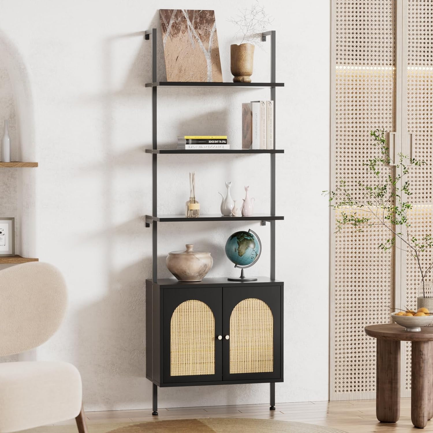 Black & Gold Ladder Shelf with Storage Cabinet Ladder Bookshelf with ...