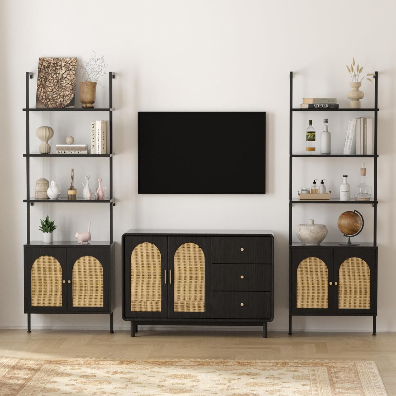 Black & Gold Ladder Shelf with Storage Cabinet Ladder Bookshelf with ...