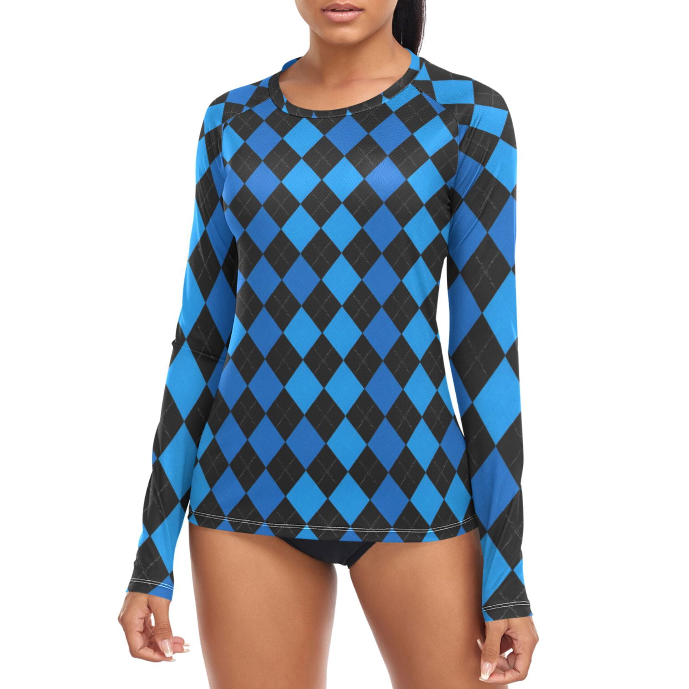 Black and Blue Color Checkerboard Pattern Women's Rash Guard Shirts UPF ...