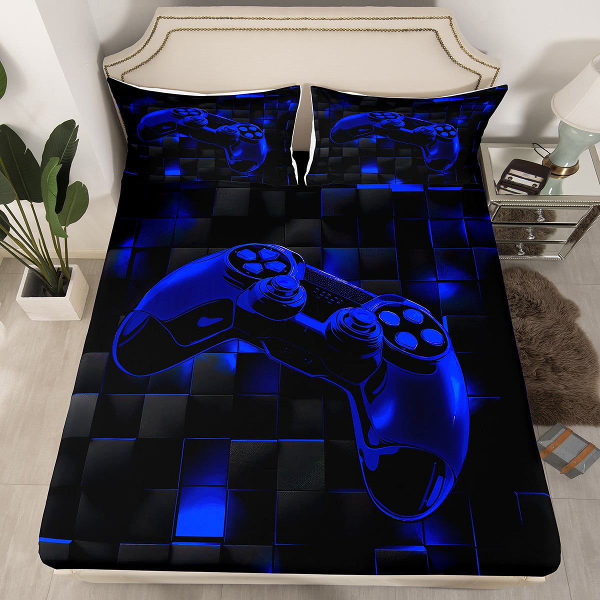 Black and Blue Fitted Sheet Twin,Modern Geometric Gaming Bed Sheets ...