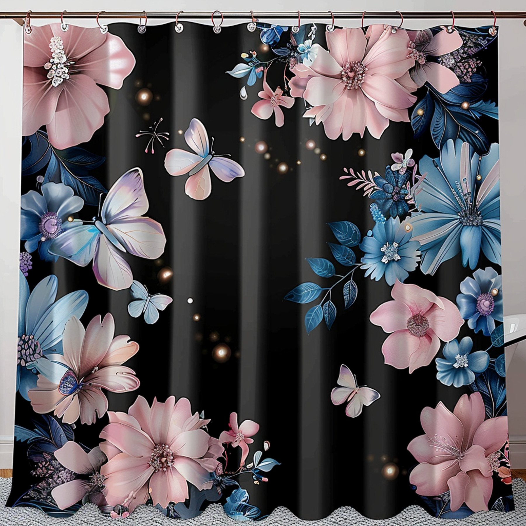 Black and Blue Floral Bathroom Curtain Set with Pink Butterflies Pink Lace Border Dark Green ...