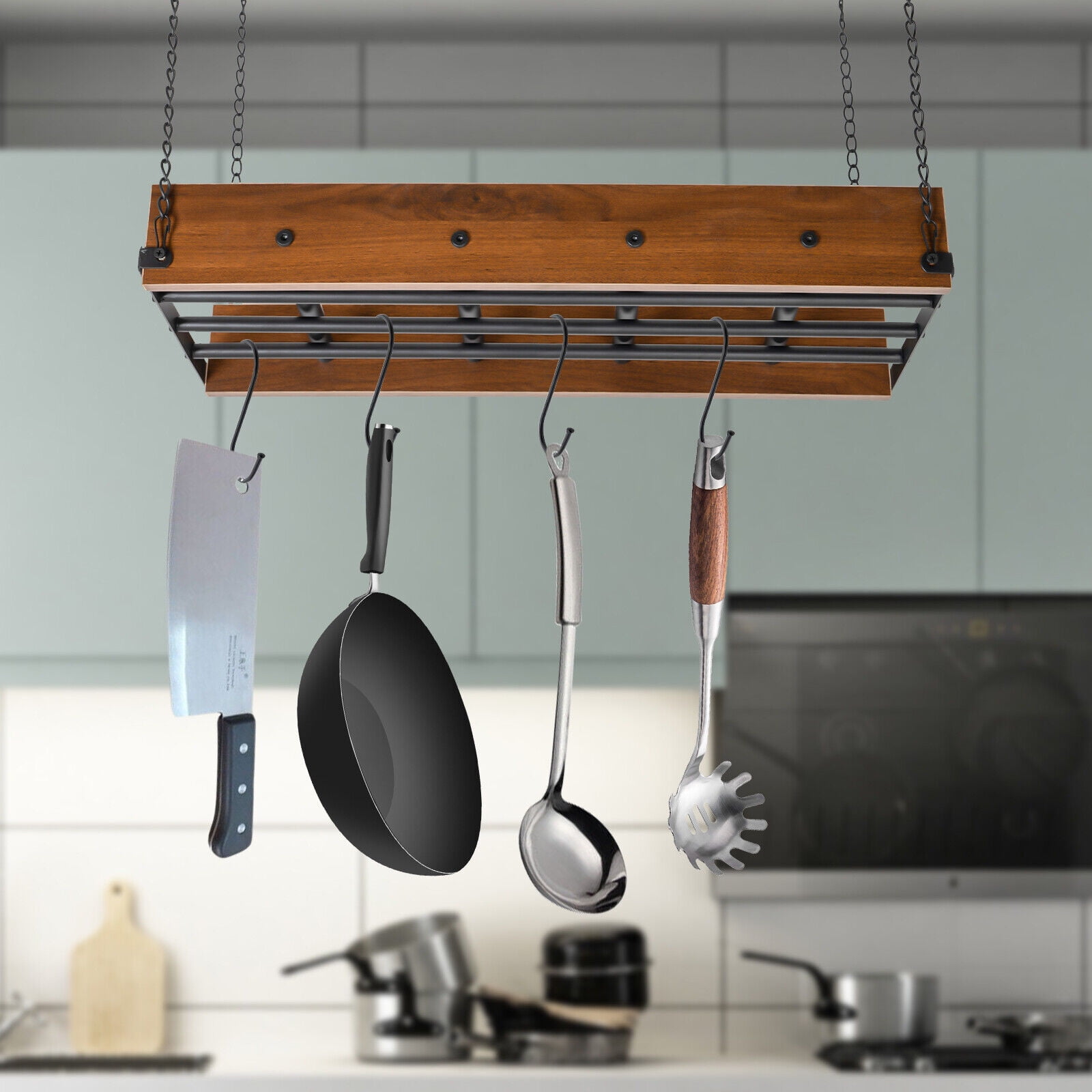 Black and Brown Ceiling Mounted Pot Rack Hanging Pots and Pans ...