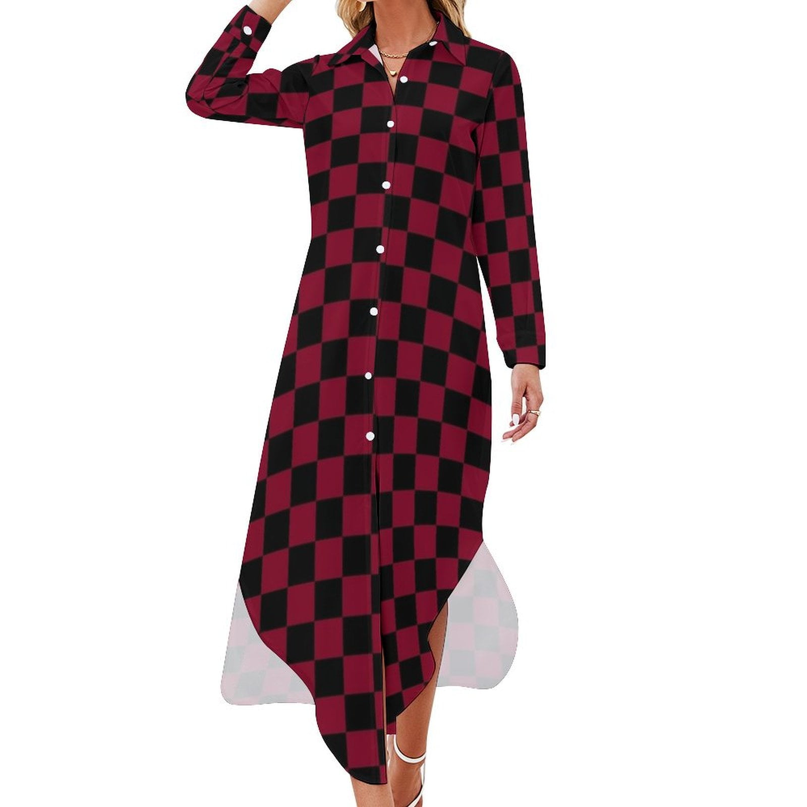 Black and Burgundy Red Checkerboard Long Sleeved Shirt Dress dresses ...