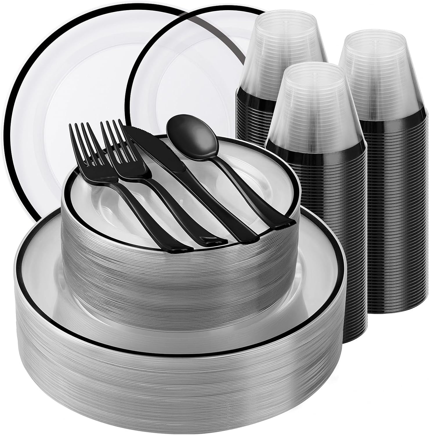 350PCS Black and Clear Plastic Dinnerware Sets for 50 Guests, Include ...