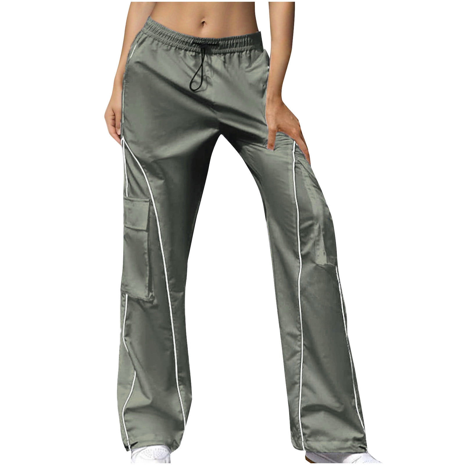 Aloohaidyvio No Boundaries Women Wide Leg Cargo Pants Elastic Waist Draw Rope Pocket Solid Color ...