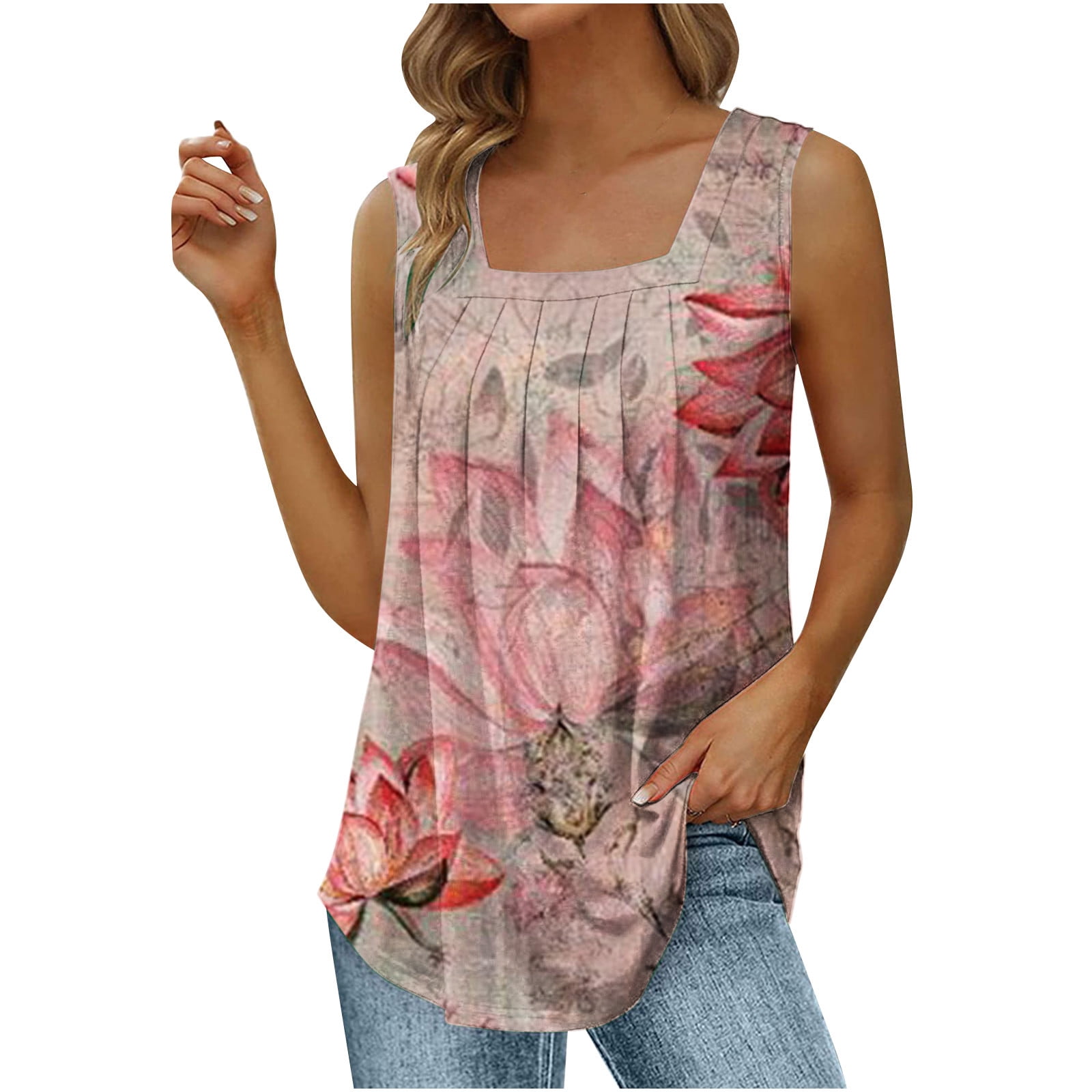 JINMGG Women's Summer Casual Tank Tops Loose Fit Pleated Square Neck ...