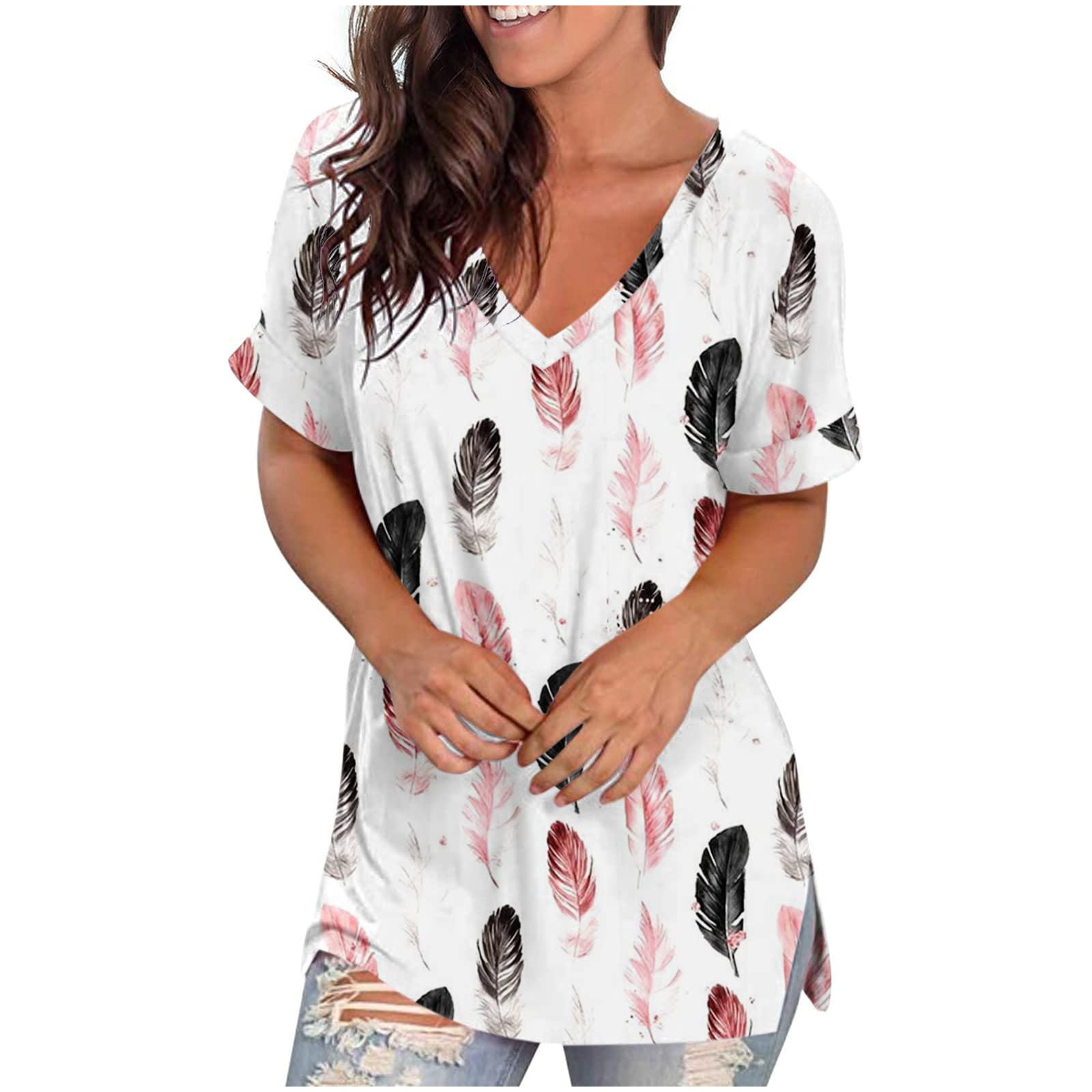 JINMGG Womens Tops Clearacne Women's Fashion Printed Round Neck Short ...