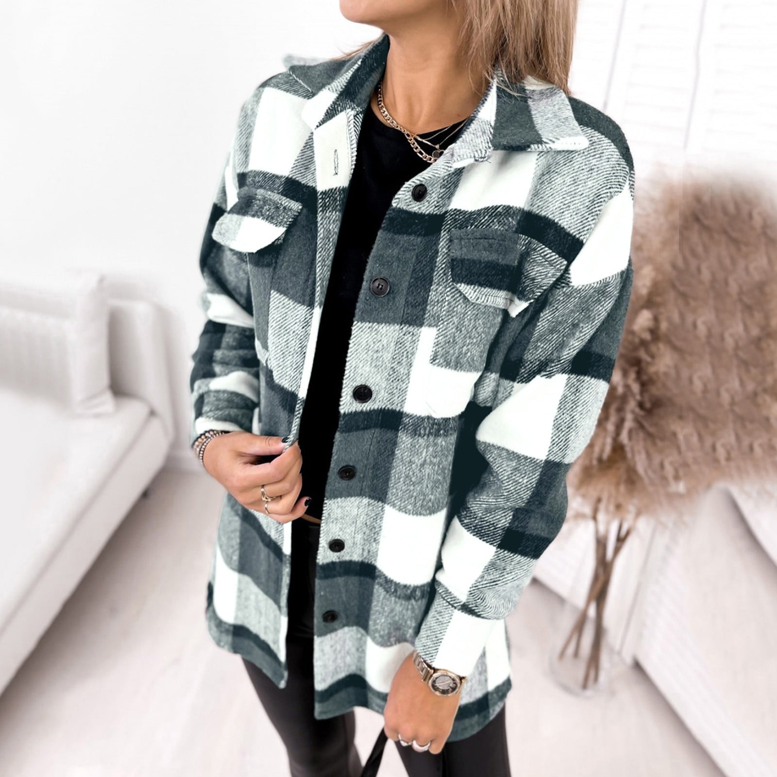 Charella Women's Plaid Shacket Button Down Coats Long Sleeve Cardigan ...
