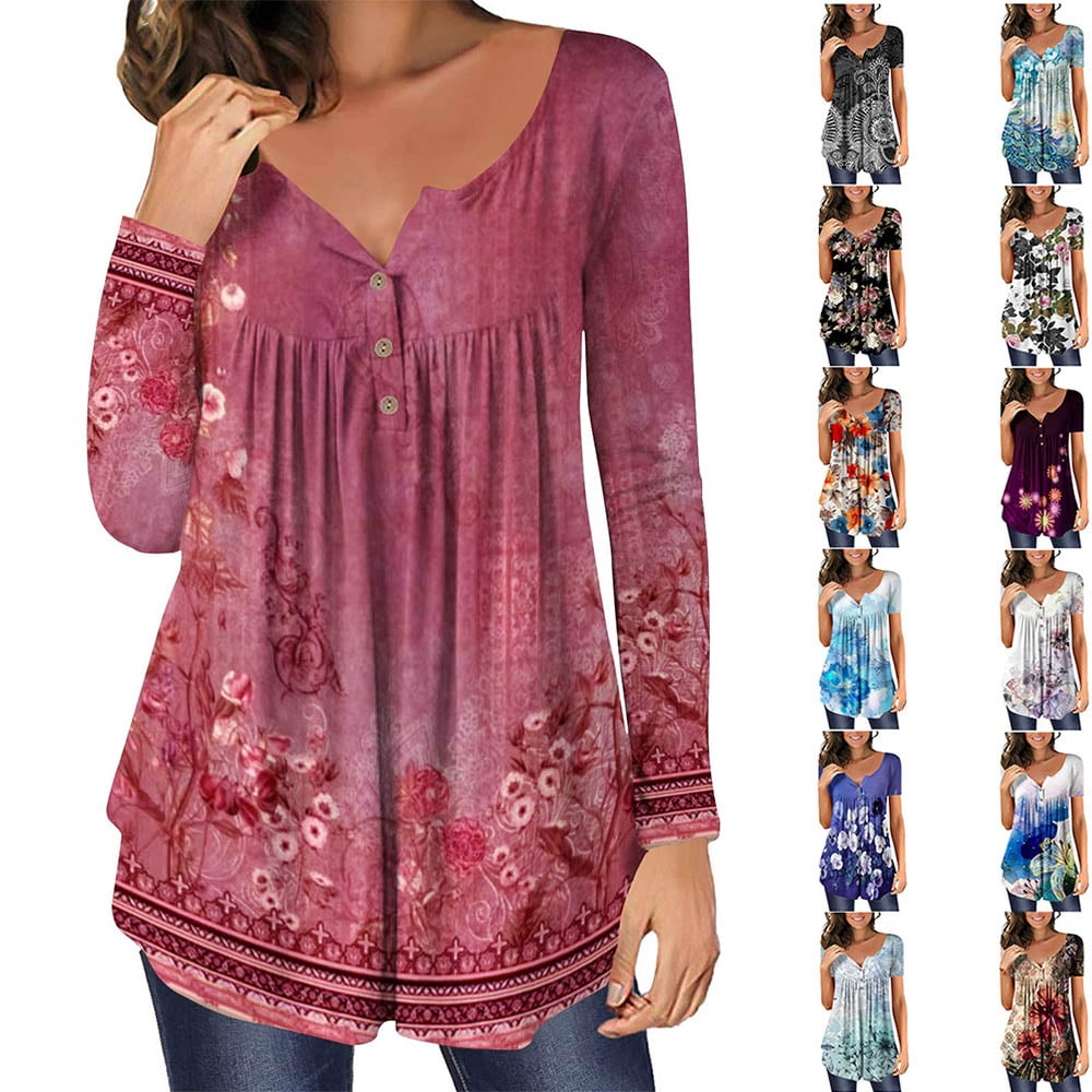 Yotami Womens Plus Size Red V Neck Long Sleeve Tops, Flowy Button Up ...