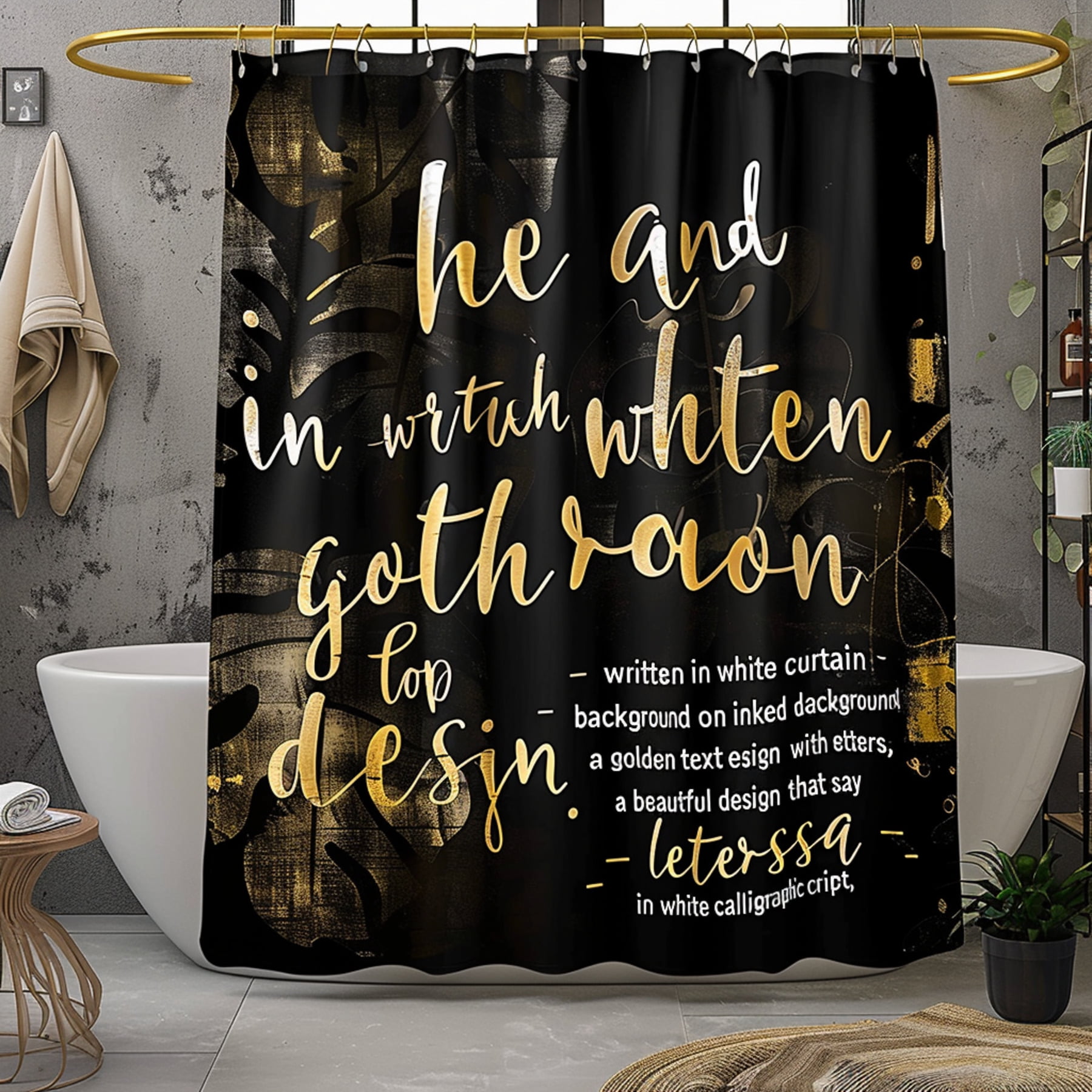 Black and Gold Bathroom Curtain with Calligraphic Script Design He ...