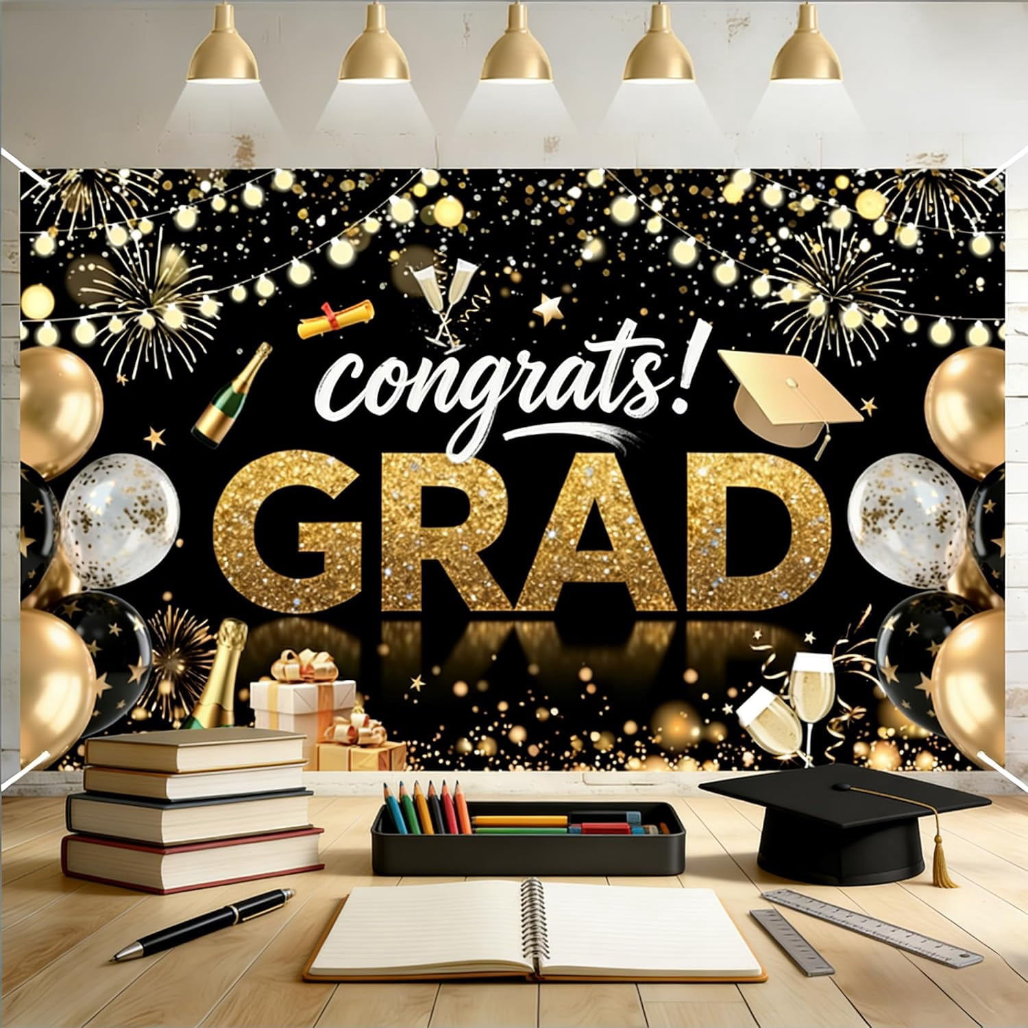 Black and Gold Congrats Grad Backdrop Class of 2026 Graduation ...