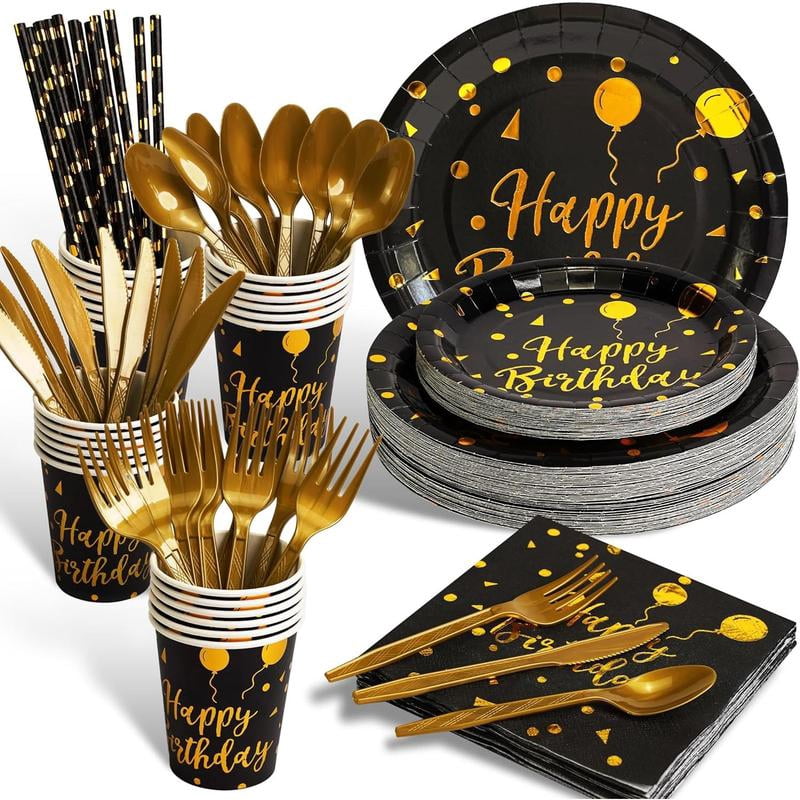 Black and Gold Disposable Happy Birthday Tableware Set with 200 Pieces ...