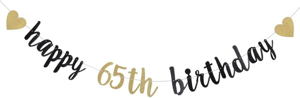 Black and Gold Glitter Banner，65th Birthday Decoration，Pre-Strung ...
