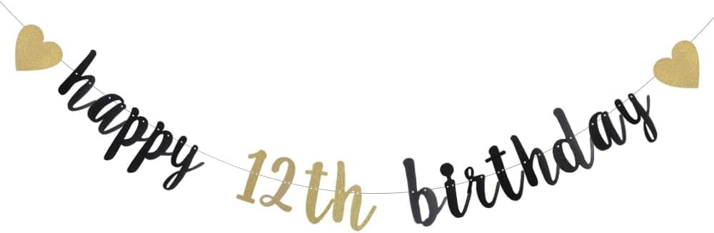 Black and Gold Glitter Banner，Party Decoration，Happy 12th Birthday ...