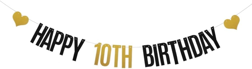 Black and Gold Glitter Happy 10th Birthday Banner for 10 Years Old 10th ...