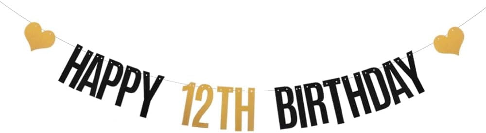 Black and Gold Glitter Happy 12th Birthday Banner for 12 Years Old 12th ...
