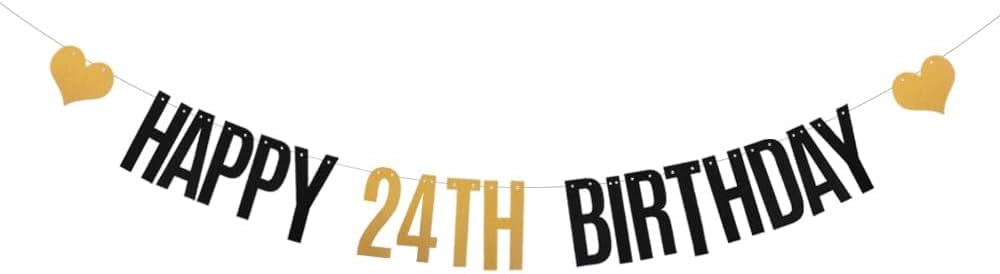 Black and Gold Glitter Happy 24th Birthday Banner for 24 Years Old 24th ...