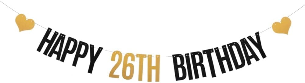 Black and Gold Glitter Happy 26th Birthday Banner for 26 Years Old 26th ...