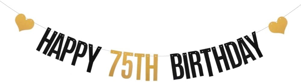 Black and Gold Glitter Happy 75th Birthday Banner for 75 Years Old 75th ...