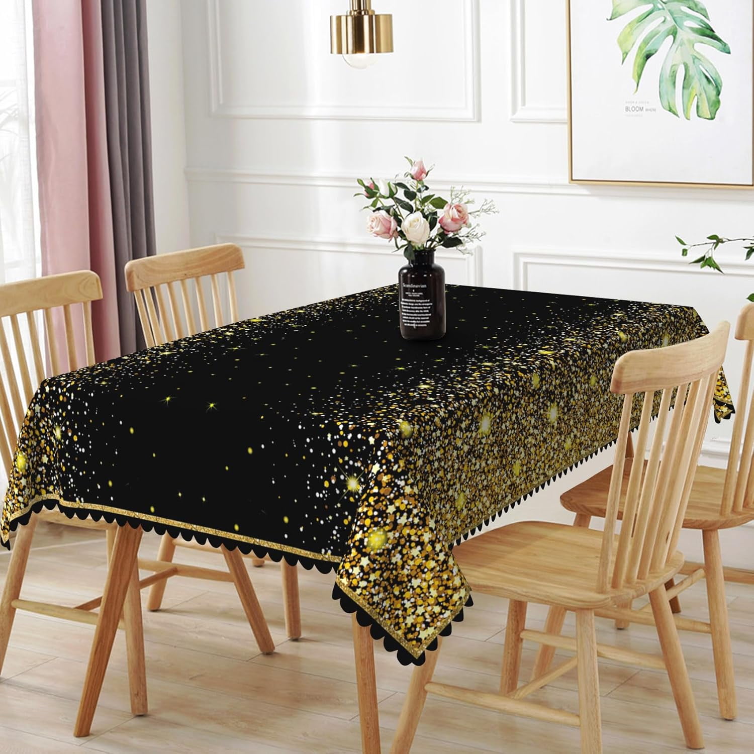 Black and Gold Glitter Pattern Tablecloth, 70x140 Inch Golden Bokeh ...
