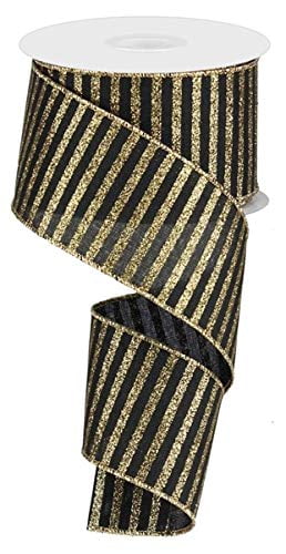 Black and Gold Glitter Stripes Wired Edge Ribbon - Christmas ...