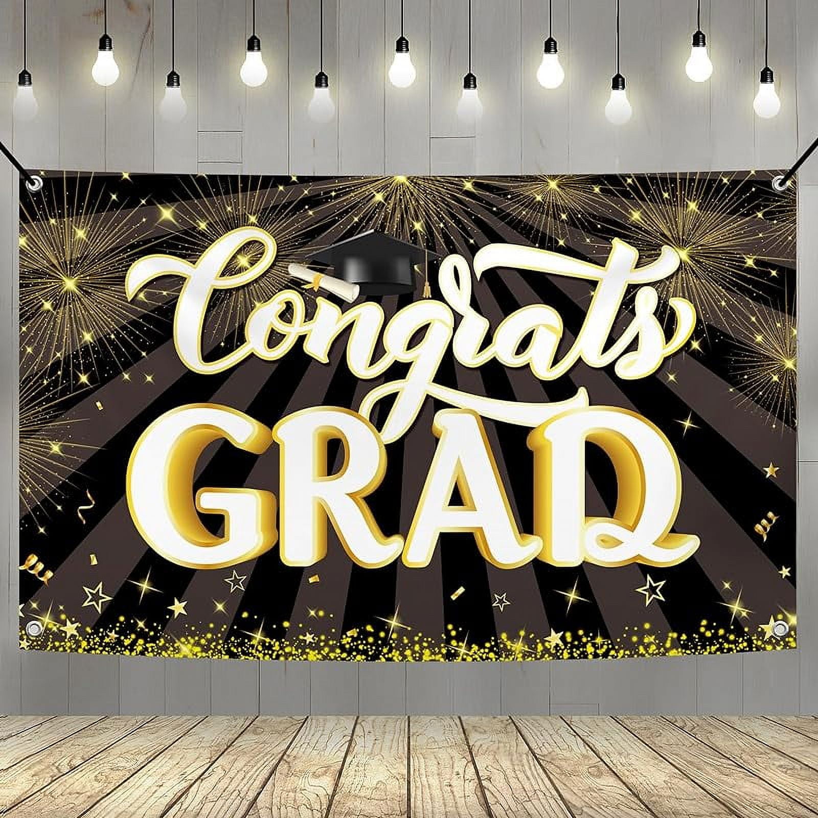 Black and Gold Graduation Banner - 72x44 Inch, Congrats Grad Banner for ...