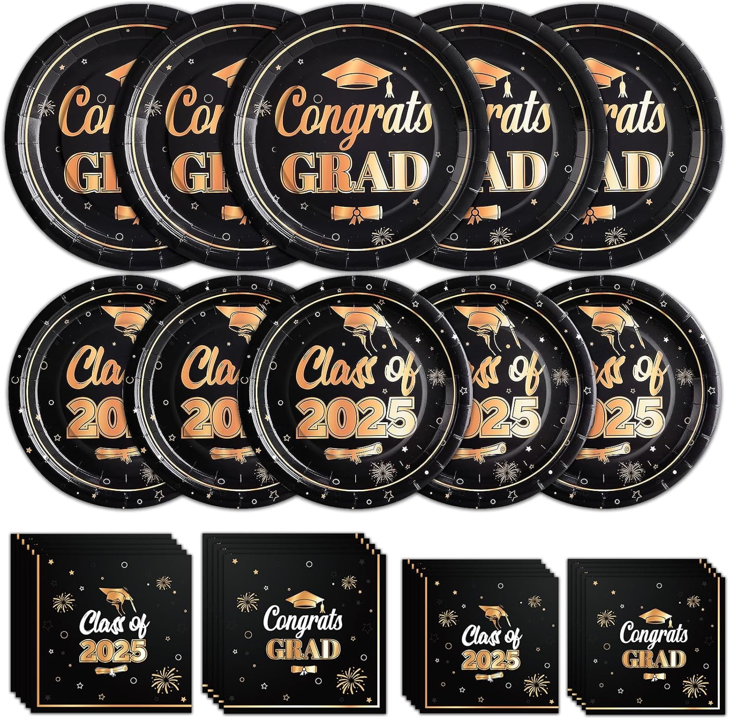 Black and Gold Graduation Plates and Napkins 2025, 50 Count, Class of ...
