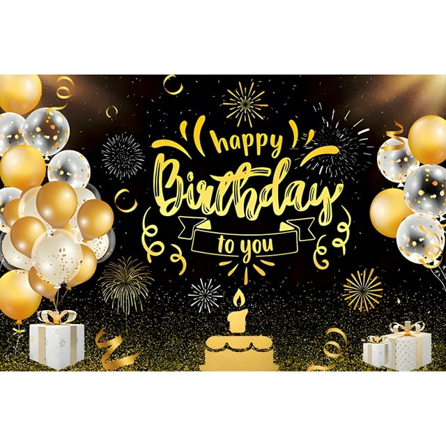 Black and Gold Happy Birthday Backdrop Glitter Bokeh Spots Balloons Baby Adults Portrait Custom ...