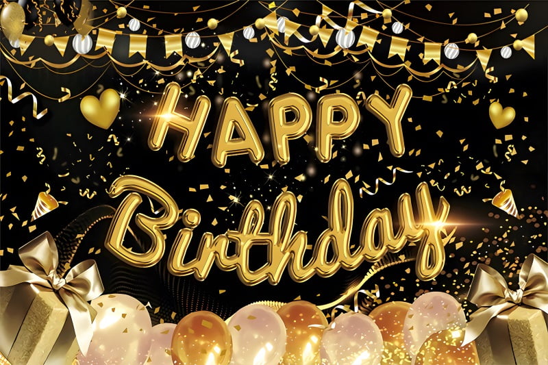 Black and Gold Happy Birthday Backdrop Glitter Bokeh Spots Balloons Baby Adults Portrait Custom ...