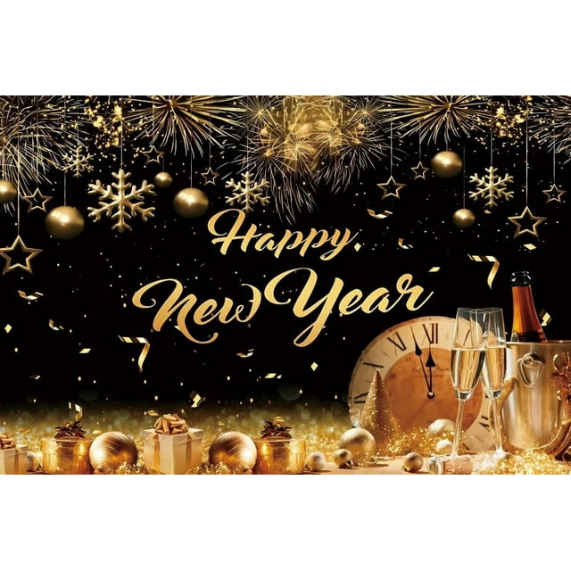 Black and Gold Happy New Year Backdrop Cheers to The New Year Eve Party ...