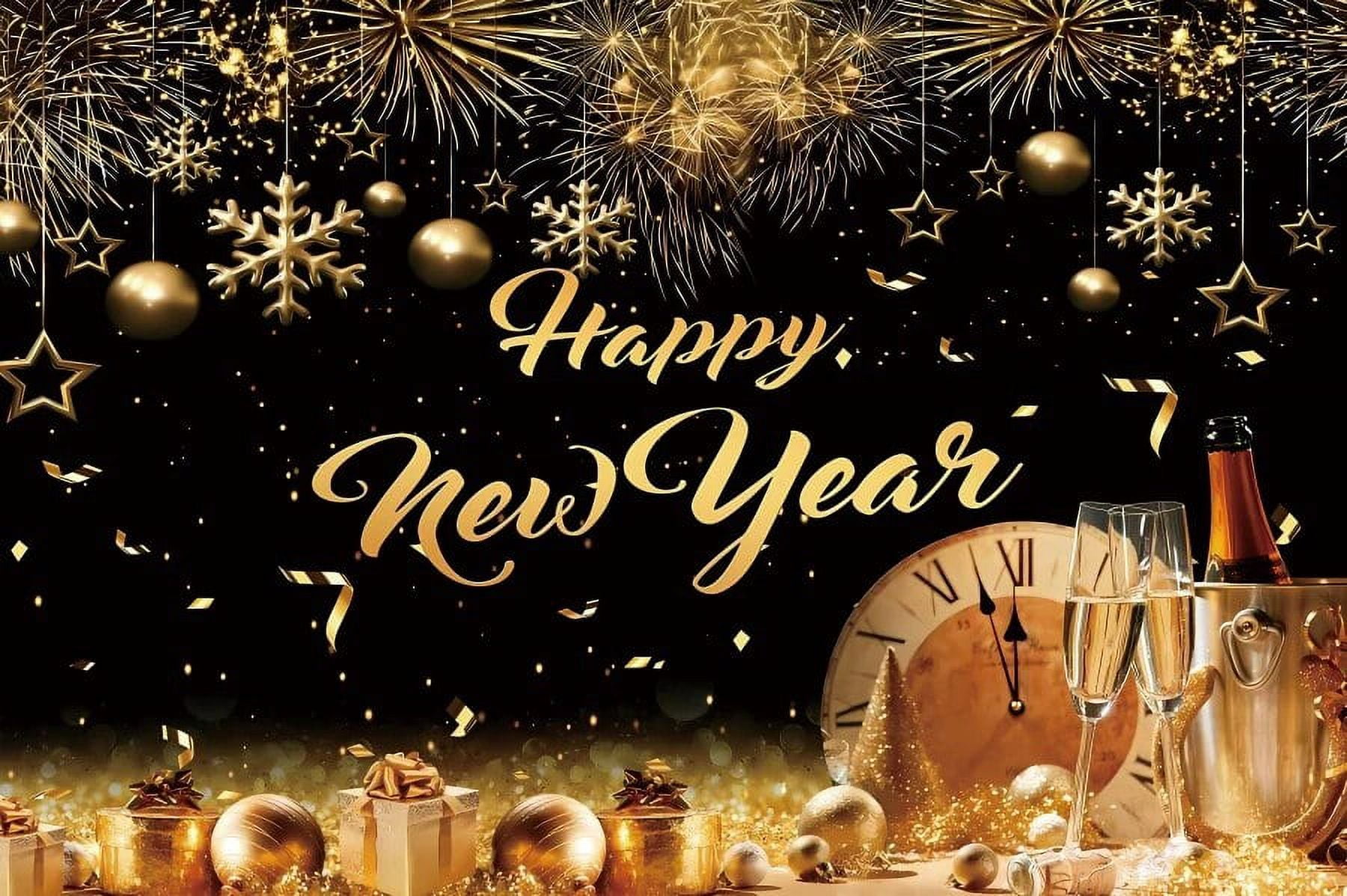 Black and Gold Happy New Year Backdrop Cheers to The New Year Eve Party ...