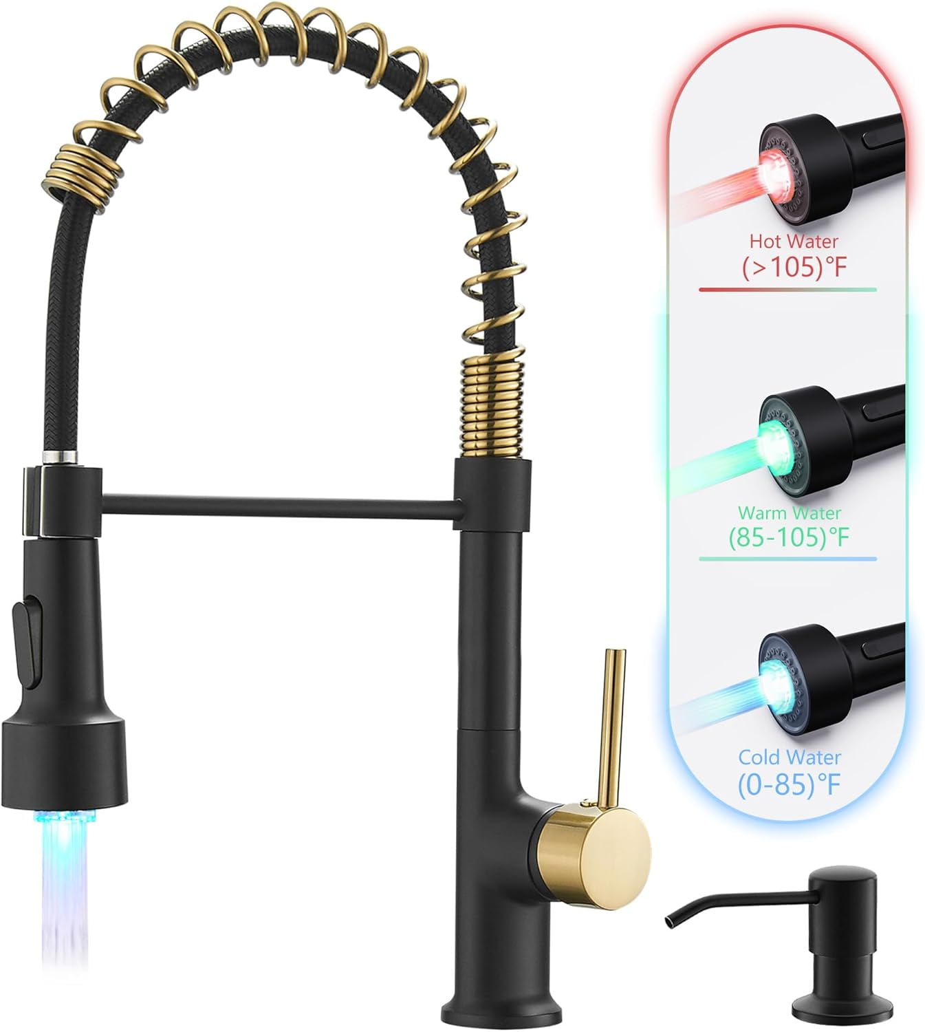 Black and Gold LED Kitchen Faucet with Soap Dispenser, Modern Single ...