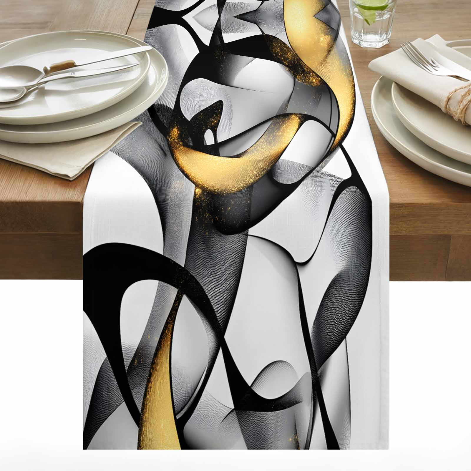 Black and Gold Line Table Runner 13x48 inch Abstract Art Cotton Linen ...