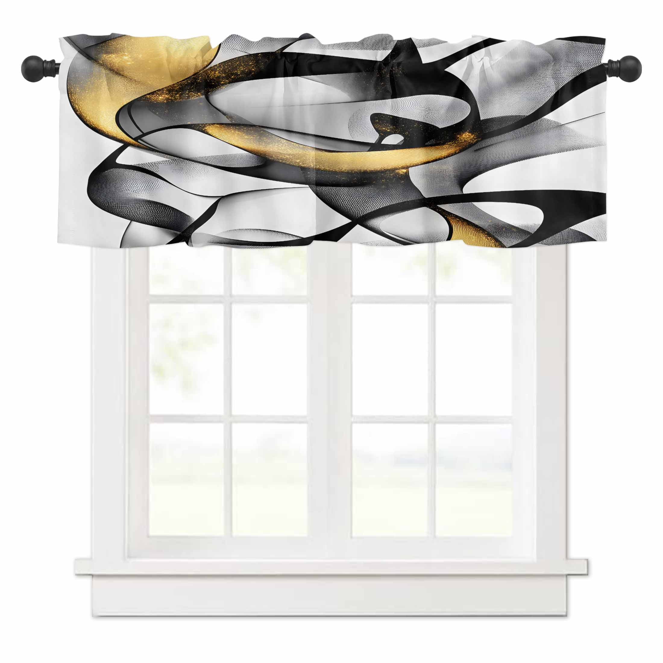 Black and Gold Line Valances for Windows Abstract Art Rod Pocket ...