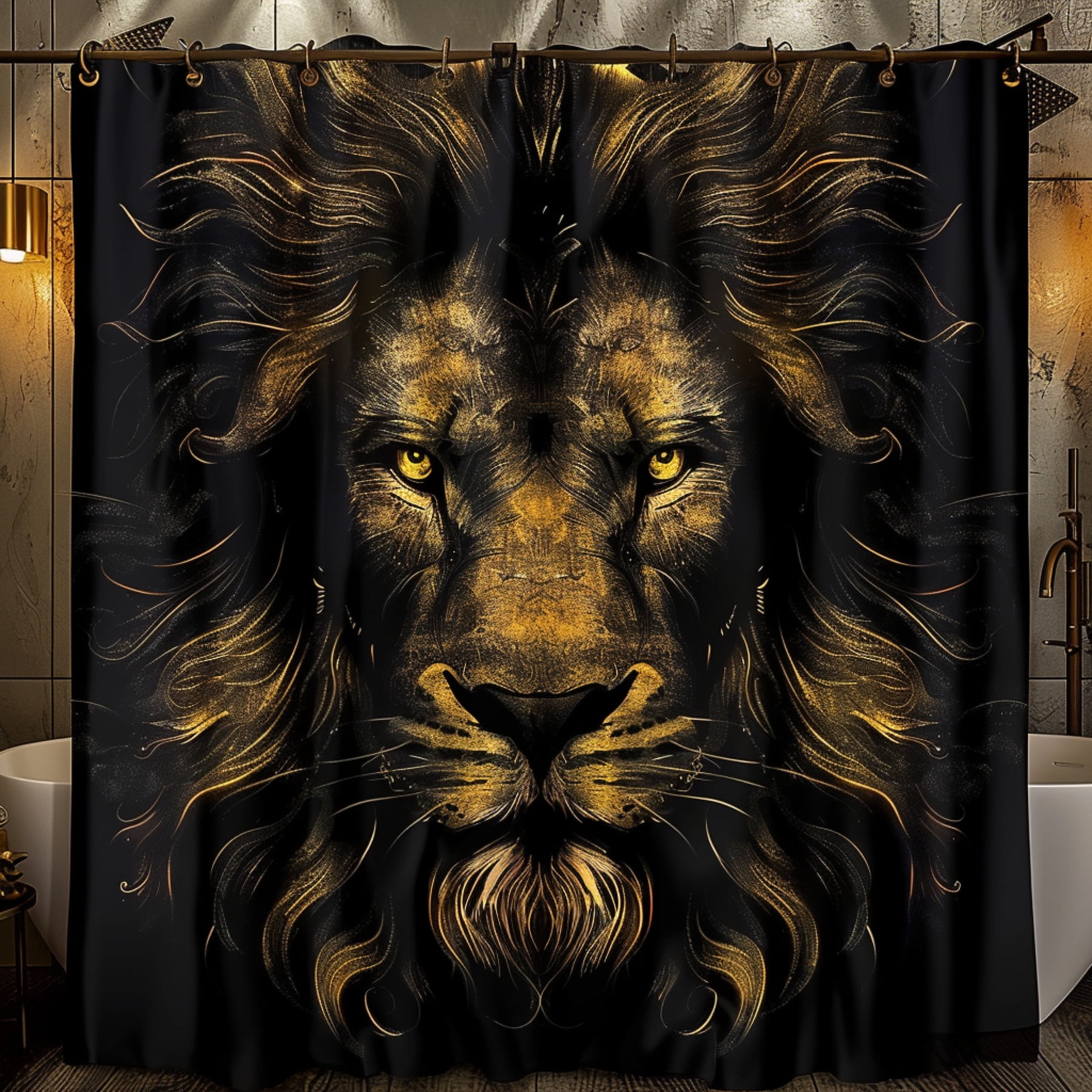 Black and Gold Lion Face Blacklight Painted Shower Curtain Hyper ...