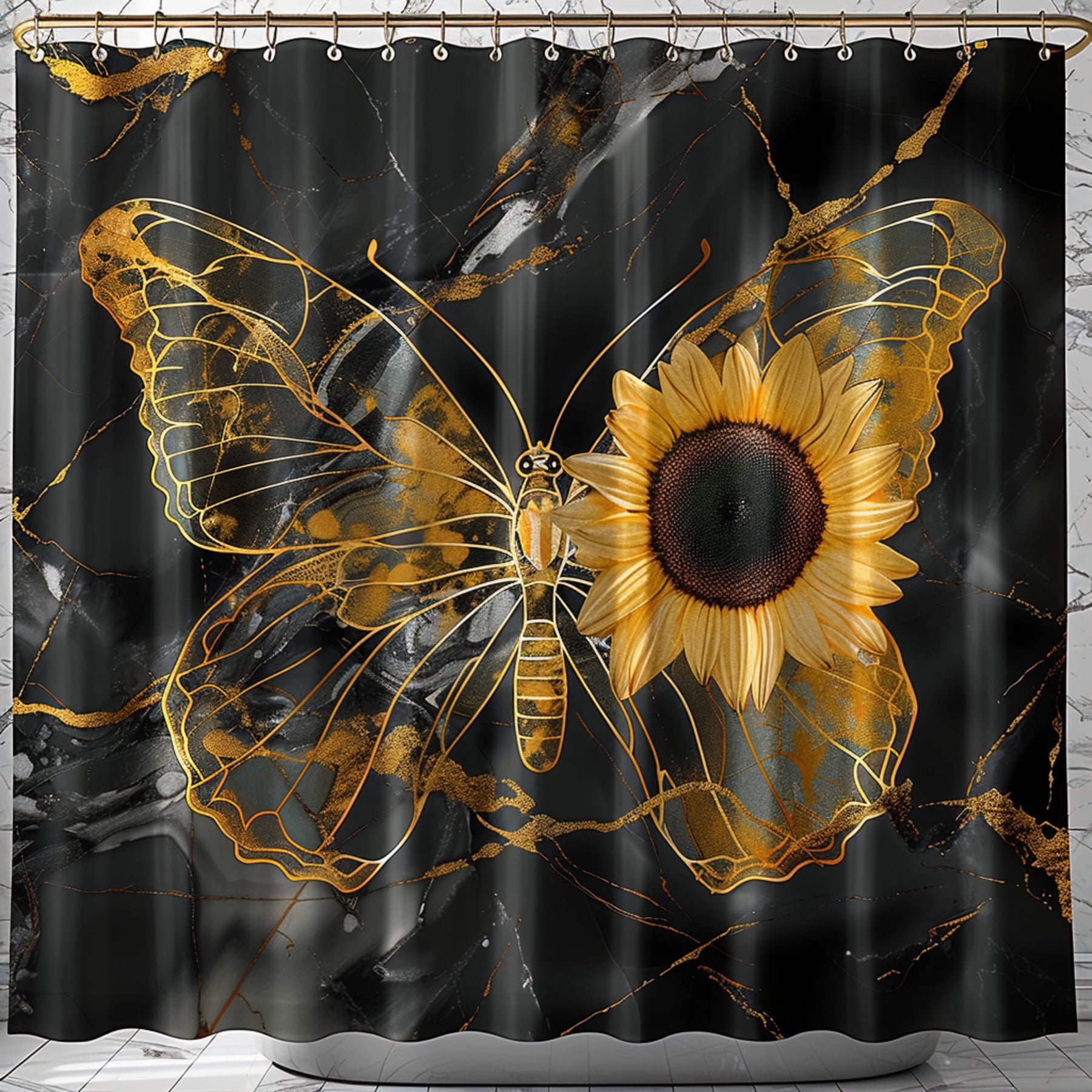 Black and Gold Marble Butterfly Sunflower Design Shower Curtain Black ...