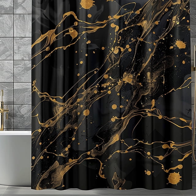 Black and Gold Marble Effect Fabric Shower Curtain with Golden Ink ...