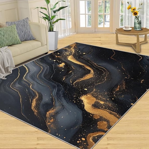 Black and Gold Marble Living Room Rug, Abstract Gold Foil Rugs for ...