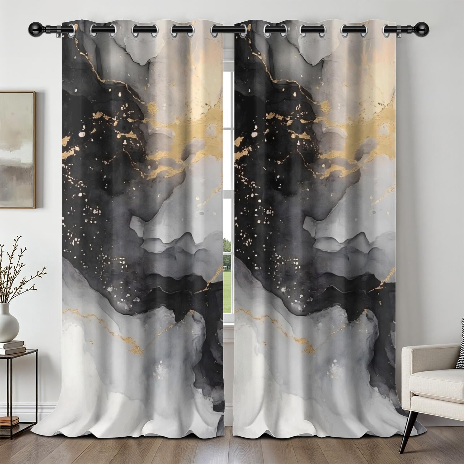 Black and Gold Marble Pattern Blackout Curtains,Triple Weaved Fabric ...