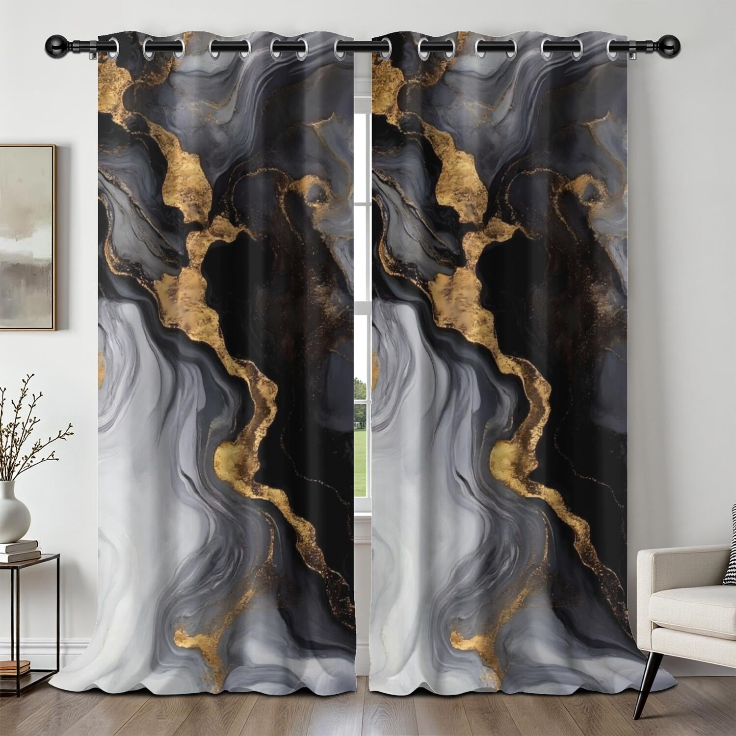 Black and Gold Marble Pattern Blackout Curtains,Triple Weaved Fabric ...