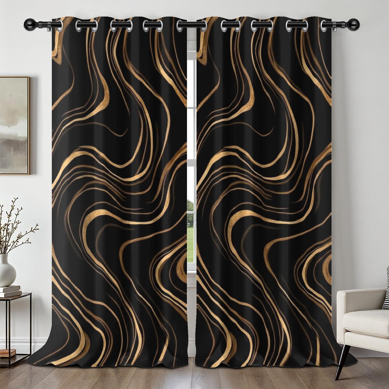 Black and Gold Marble Pattern Blackout Curtains,Triple Weaved Fabric ...